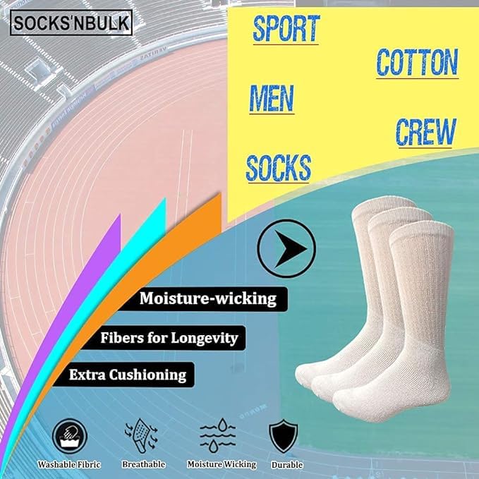 SOCKS'NBULK 60 Pairs Wholesale Bulk Sport Cotton Mens Crew, Ankle, Tube Socks, Size 10-13 (Mens White Crew Gray Heel Toe)