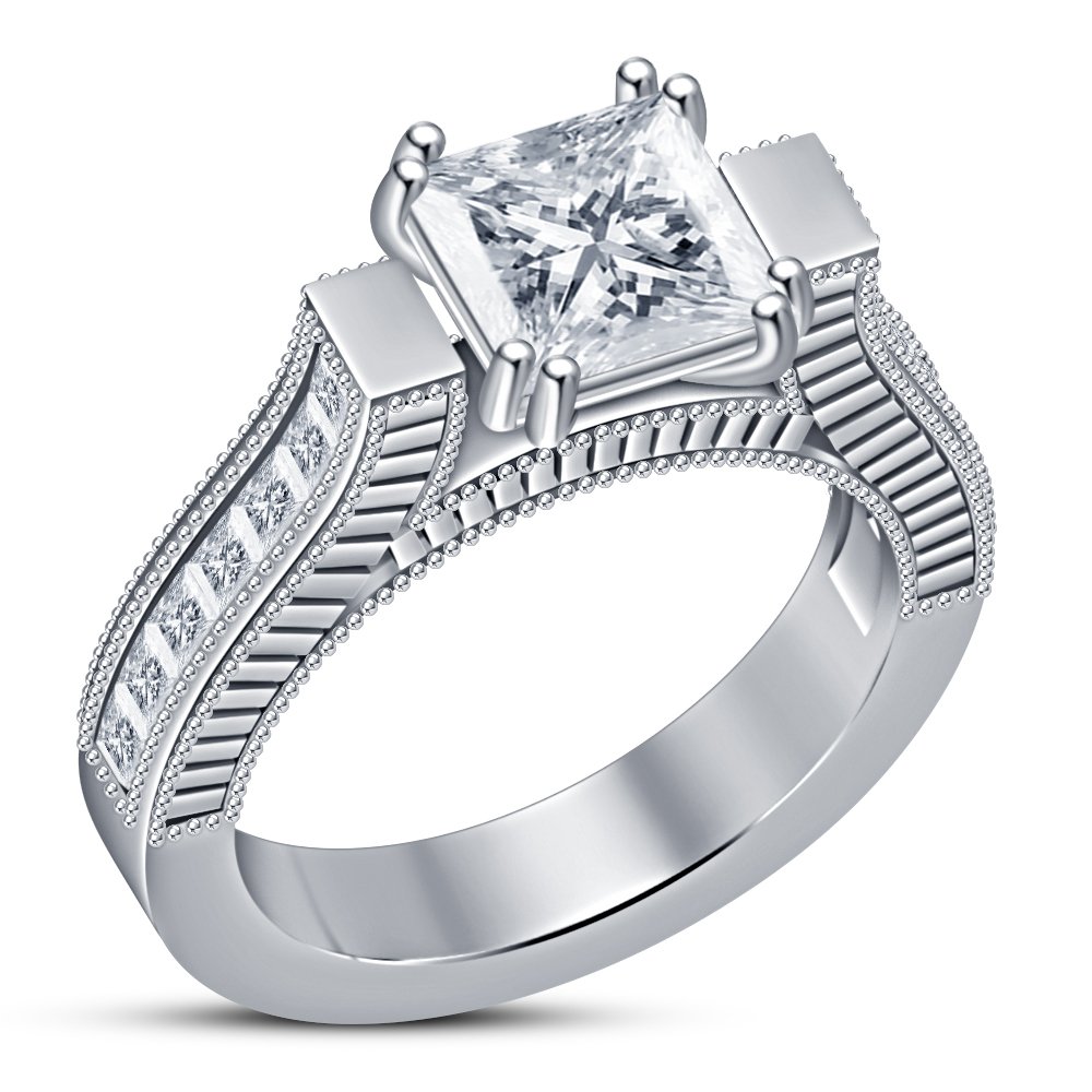 TVS-JEWELS Pure 925 Silver White Platinum Plated Princess Sim. Diamond Wedding Engagement Ring Set (7)