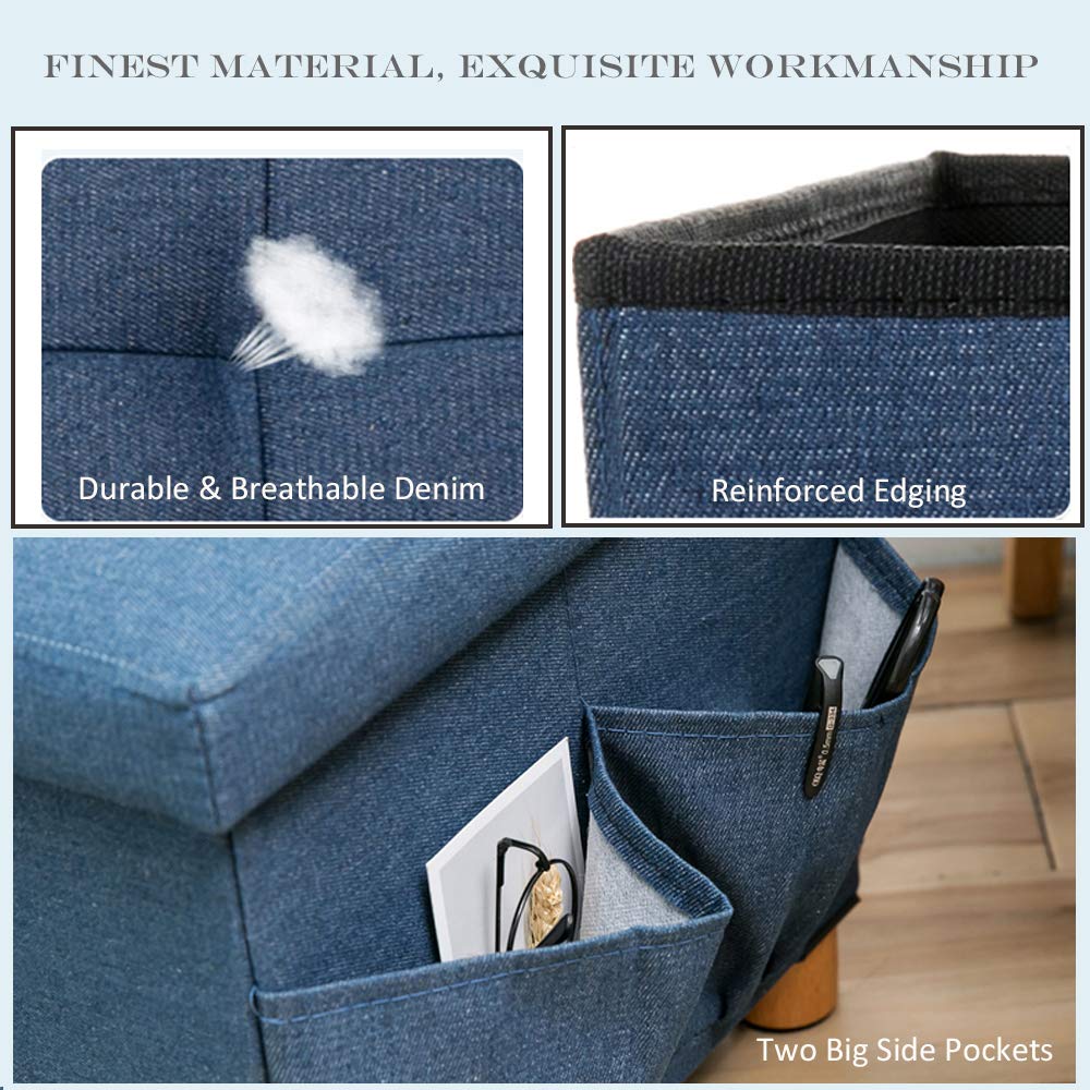 WALTSOM Folding Storage Ottoman, Cube Footrest Seat Stool Coffee Table with Woode Feet, Side Pockets, Double Sides Lid, Soft Padding for Home and Office, 15"X15"x15" (Blue)