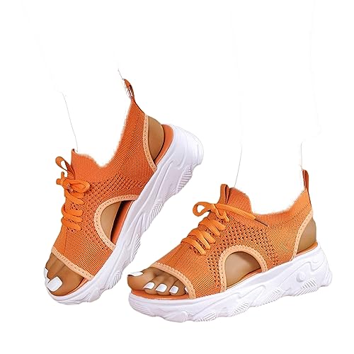 YChao Women's Lace Up Muffin Sandals, Orthopedic Sandals for Women, 2024 Summer Mesh Open Toe Platform Wedge Sandals Causal Walking Sandals,Orange,US10/EU42