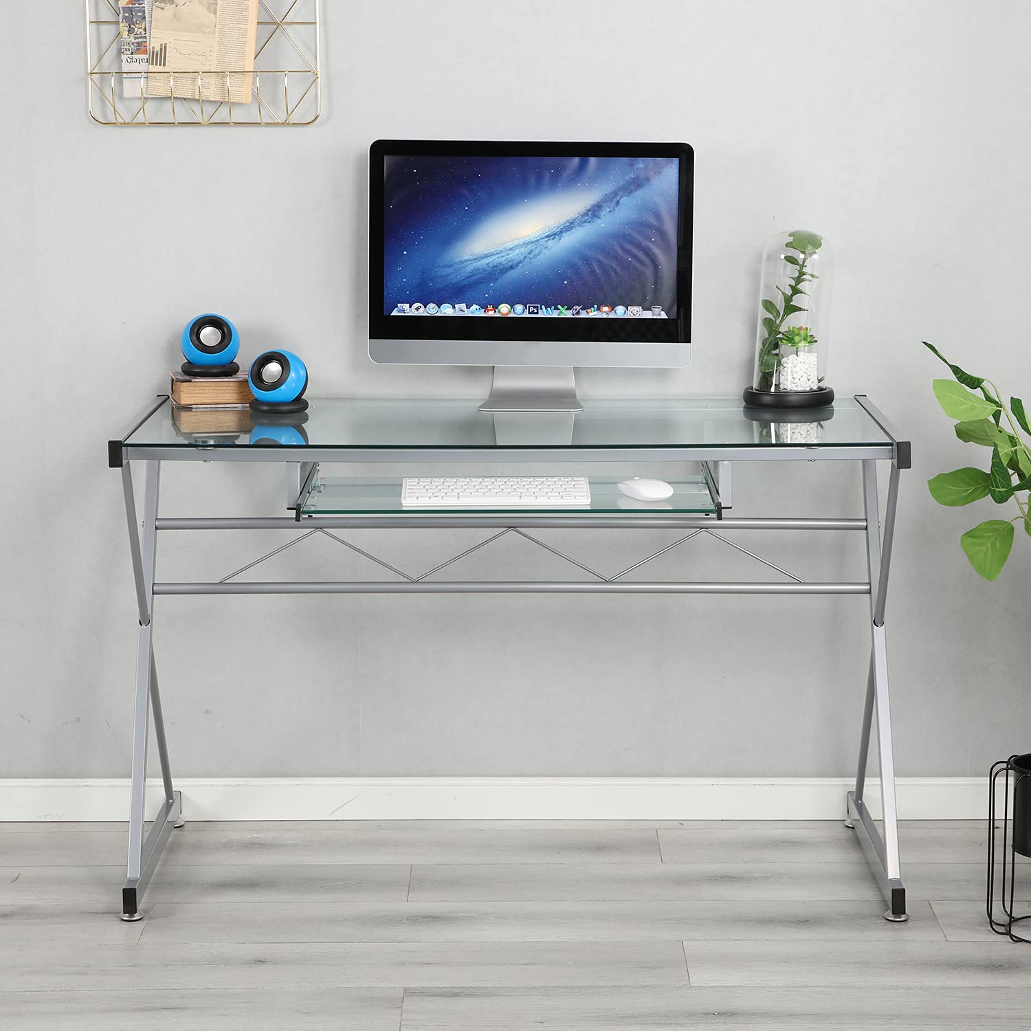 soges Computer Desk 47.2inch Glass Desk Workstation Office Desk with Pullout Keyboard Tray,Clear UT-093