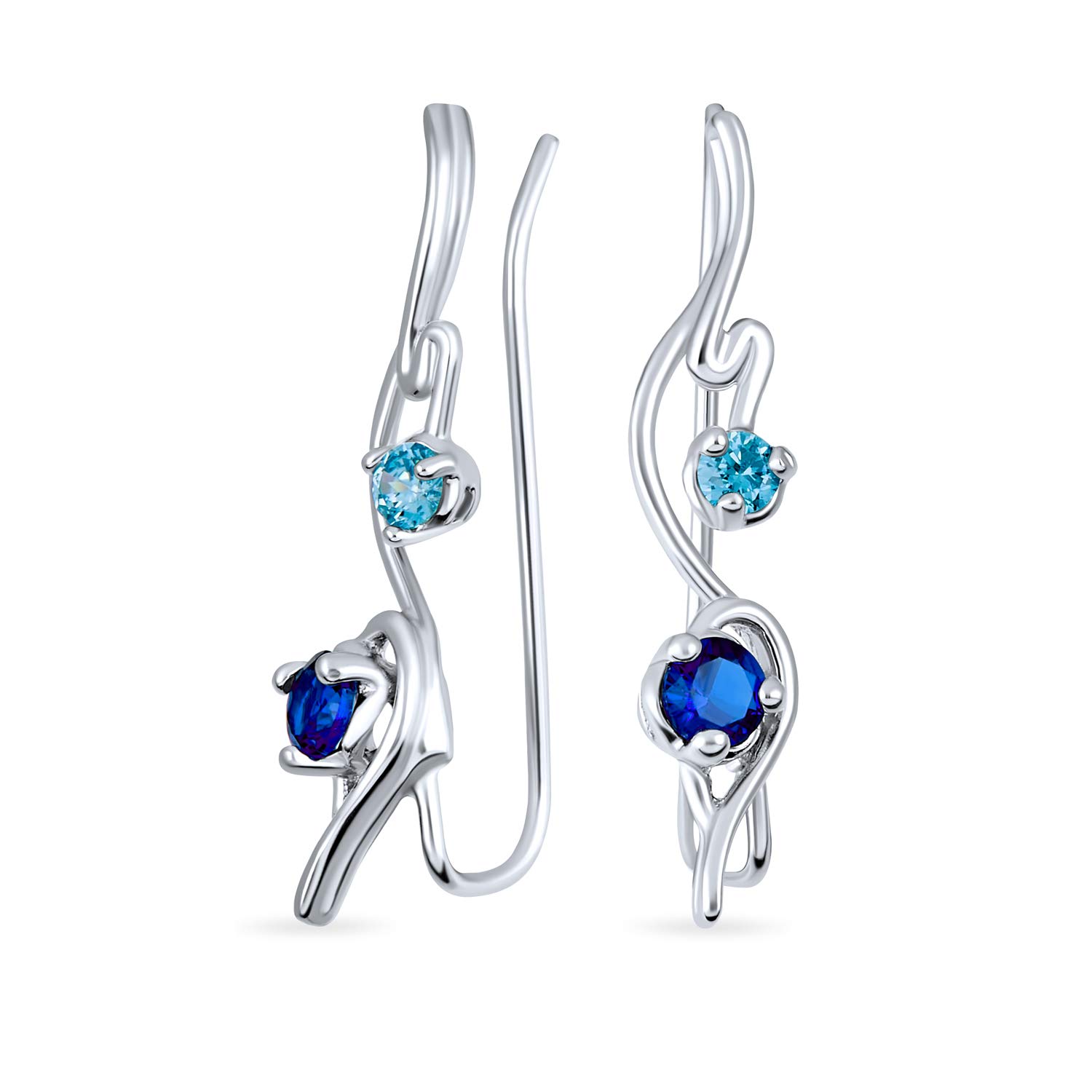 Swirl Wire Ear Pin Climbers Aqua Blue Cubic Zirconia Earrings For Women Simulated Sapphire CZ Crawlers Sterling Silver