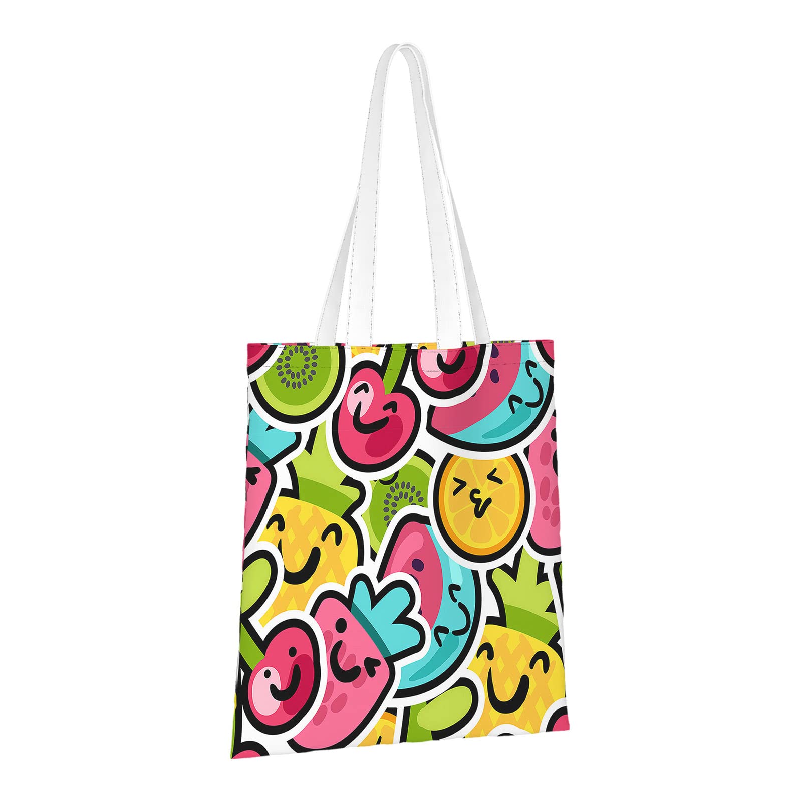 TifyDon Canvas Tote Bag,Berries Fruit Mix Pattern Reusable Large Shopping Shoulder Tote Bag For Women,Lovely Funny Pineapple Orange Watermelon Cherries Kiwi Black Happy Beach Tote Bags Bulk