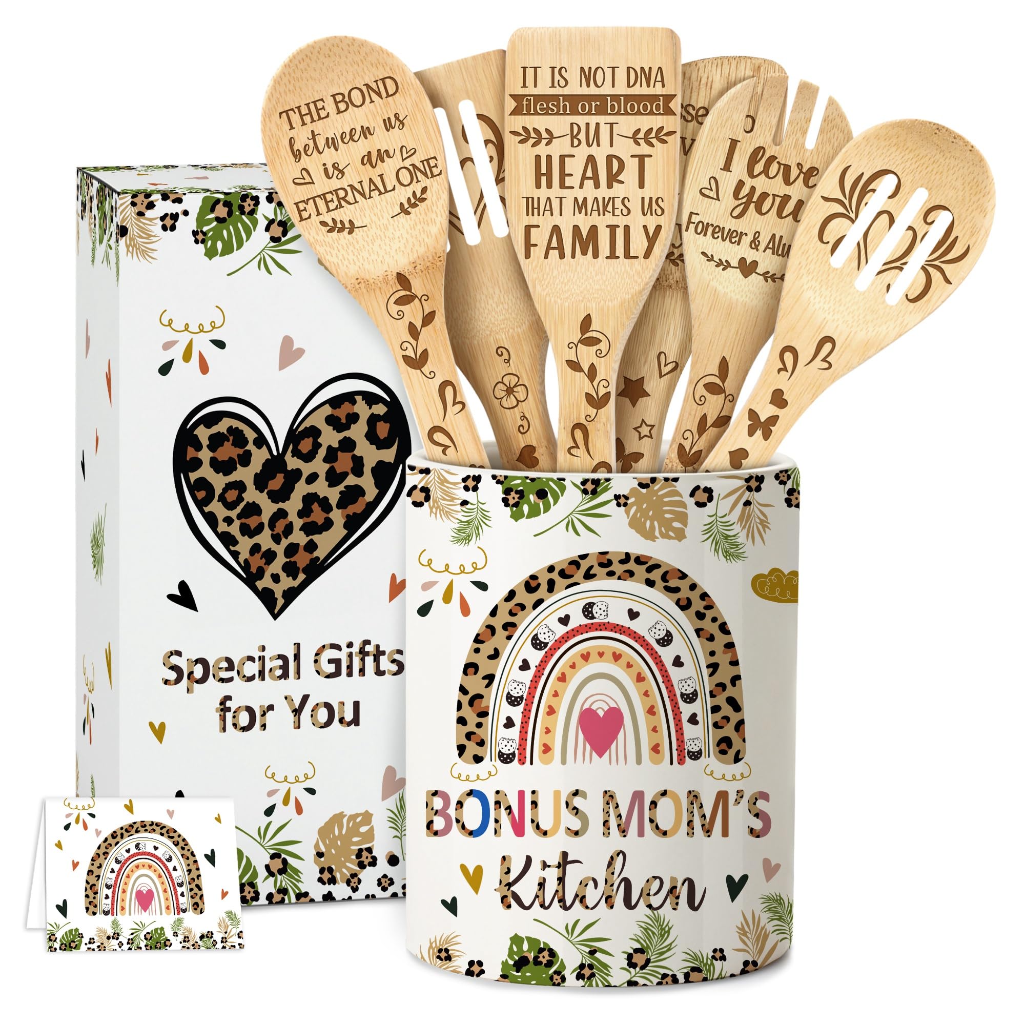 Thanksgiving Decorations Ceramic Utensil Holder with 6PC Thanksgiving Bamboo Spoons-Turkey Cooking Tools Kitchen Utensils Set with Bamboo Spoons for 6-Farmhouse Thanksgiving Kitchen Decor for New Home