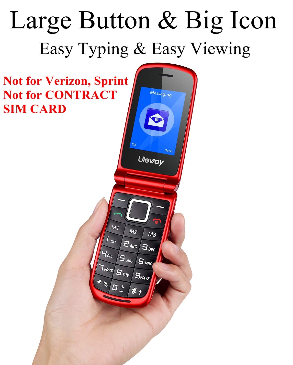 Uleway Unlocked Flip Phone 3G SOS Button Senior Flip Phones Unlocked 2.4'' Screen Easy to Use Basic Cell Phone for Seniors & Kids (Red)
