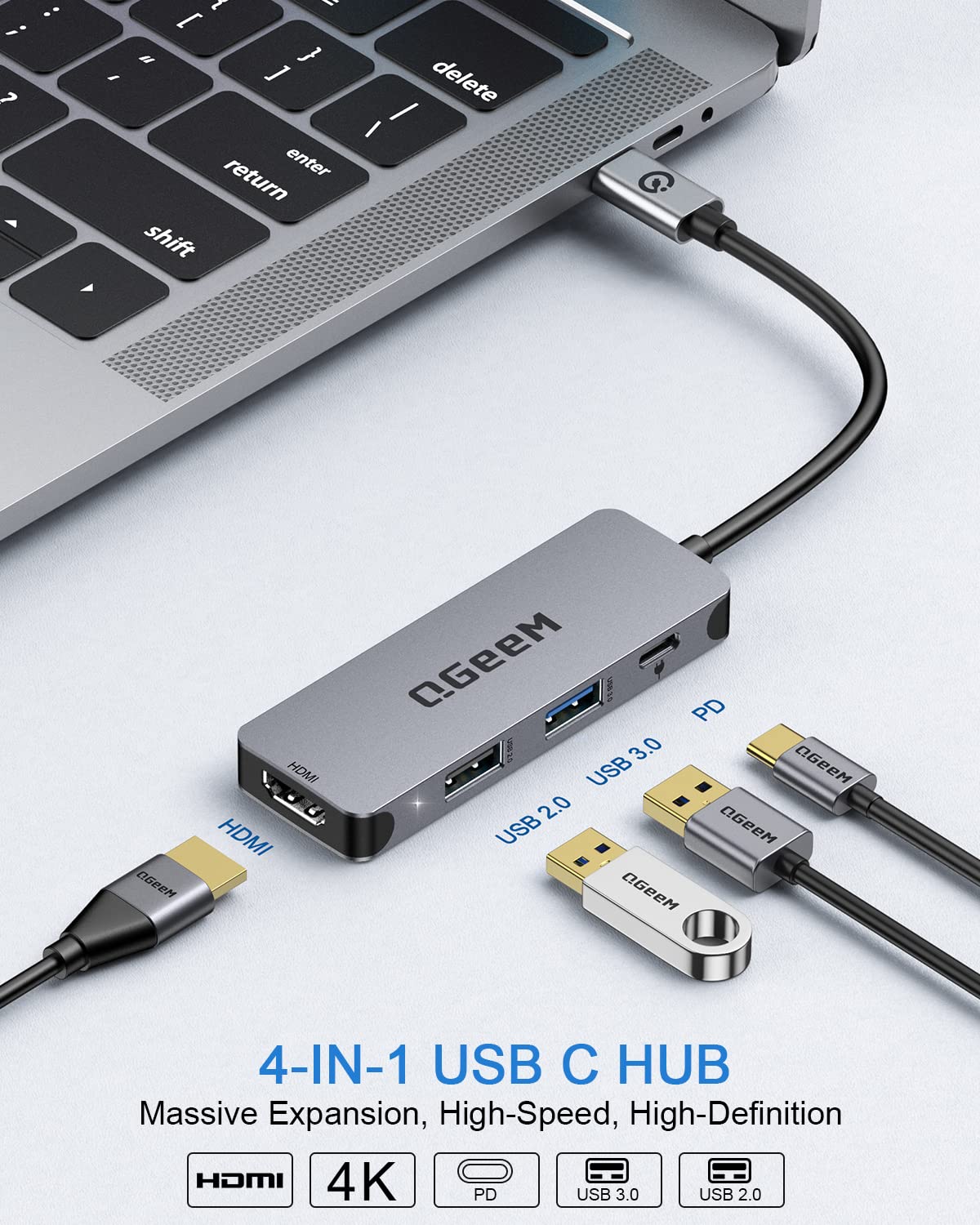 USB C Hub, QGeeM 4-in-1 USB C to HDMI Adapter with 4K USB C to HDMI Hub,100W Power Delivery,USB 3.0,Thunderbolt 3 Hub Compatible for MacBook Pro, XPS, iPad Pro,More Type C Devices