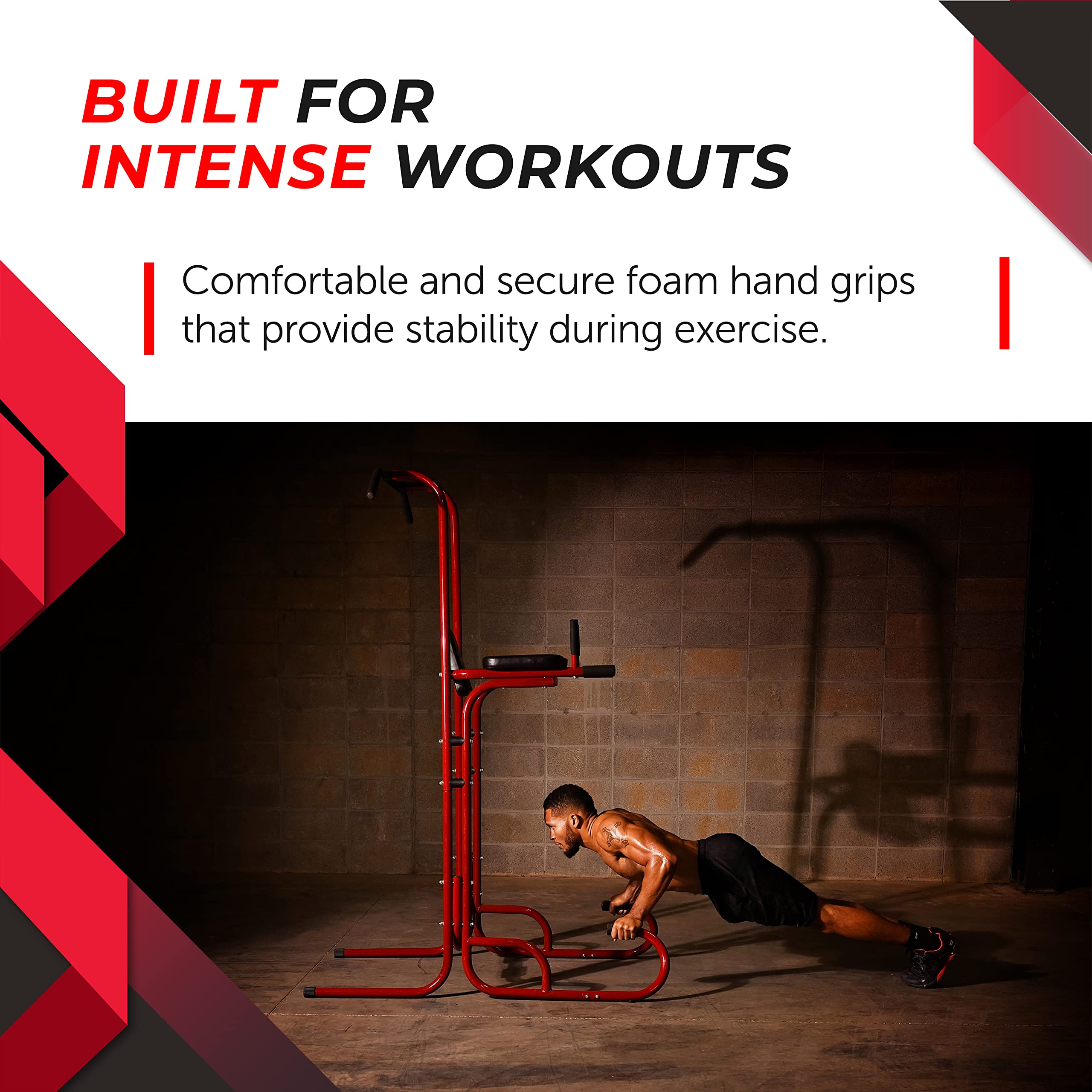 Stamina X Power Tower with VKR - Dip Bar Pull Up Bar Station with Smart Workout App - Dip Bars for Home Workout - Up to 250 lbs Weight Capacity - Red