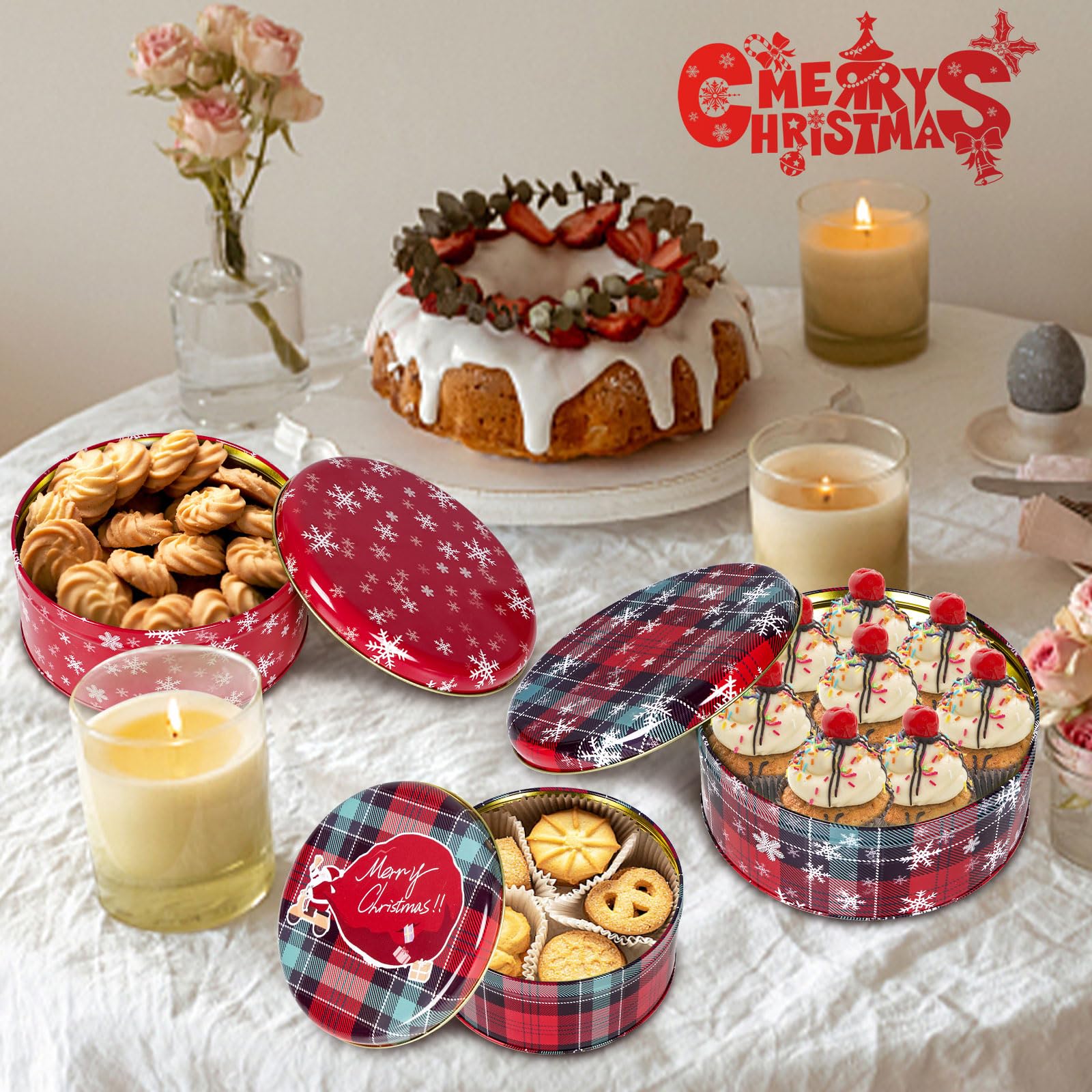 Yeenoon 3 Pack Christmas Cookie Tins with Lids, Round Sturdy Gift Tins, Christmas Baking Cake Container for Storing Patisseries, Snack, Chocolate, Special Christmas Holidays Gift