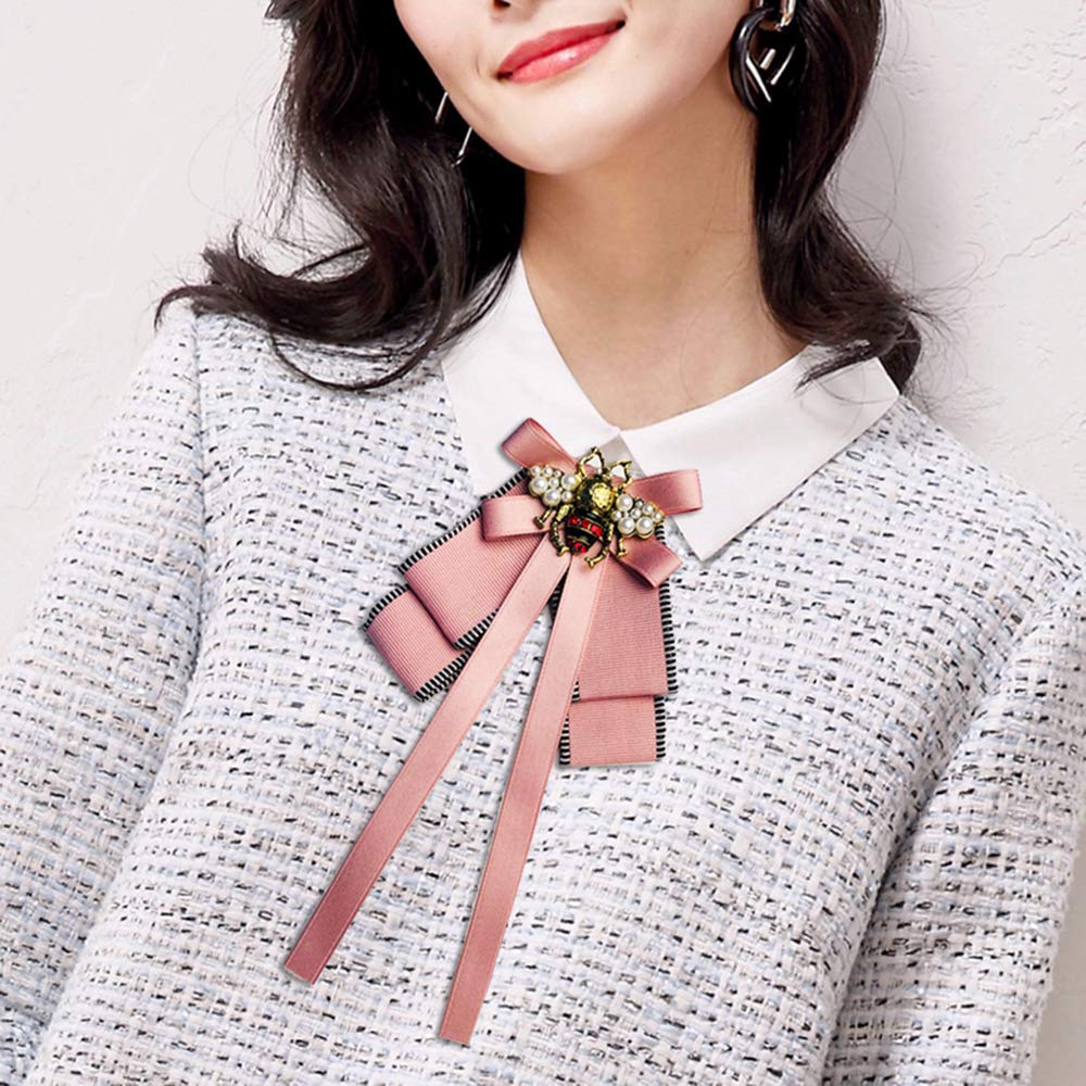Vpang Retro Pearl Bee Bow Brooch Pre-Tied Neck Tie Brooch Pin Satin Ribbon Bow Tie for Women Wedding Party Bow Tie