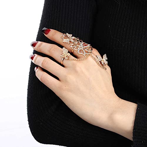Yalice Charm Butterfly Full Finger Ring Bracelets Crystal Knuckle Open Ring Harness Hand Chains Adjustable Statement Rings Jewelry for Women and Girls Gift
