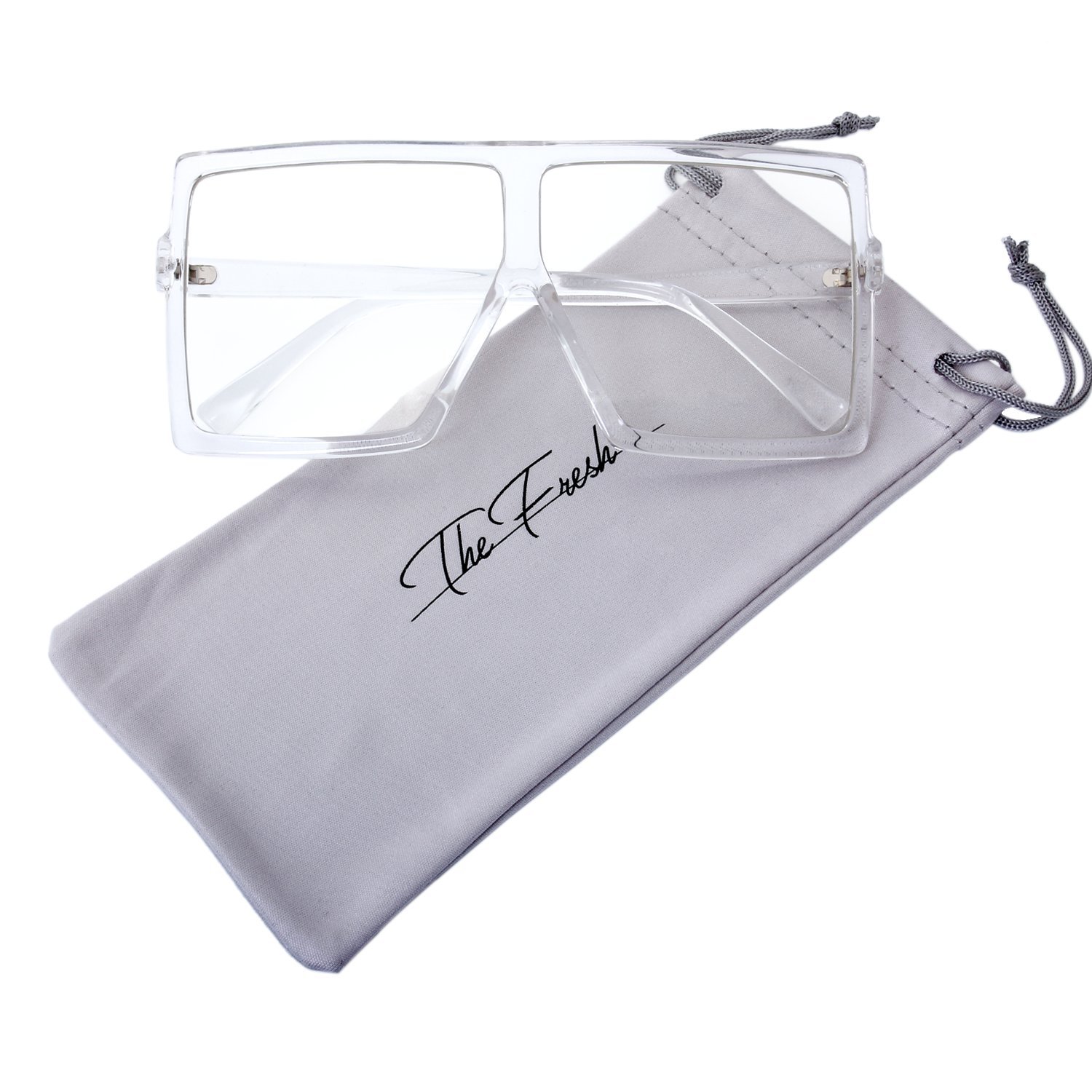 The Fresh Large Oversized Fashion Square Flat Top Sunglasses with Gift Box (4-Shiny Crystal, Clear/AR Coating)