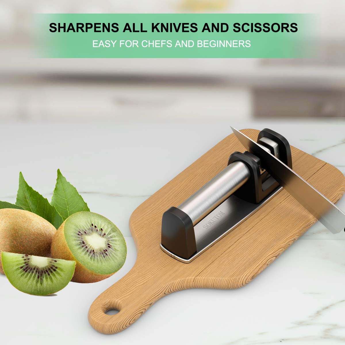 SOKUTOM Knife Sharpener for All Straight and Serrated Knives, Stainless Steel Ceramic and Tungsten, Safe and Easy to Use Kitchen Knife Sharpener, Sharpens Scissors