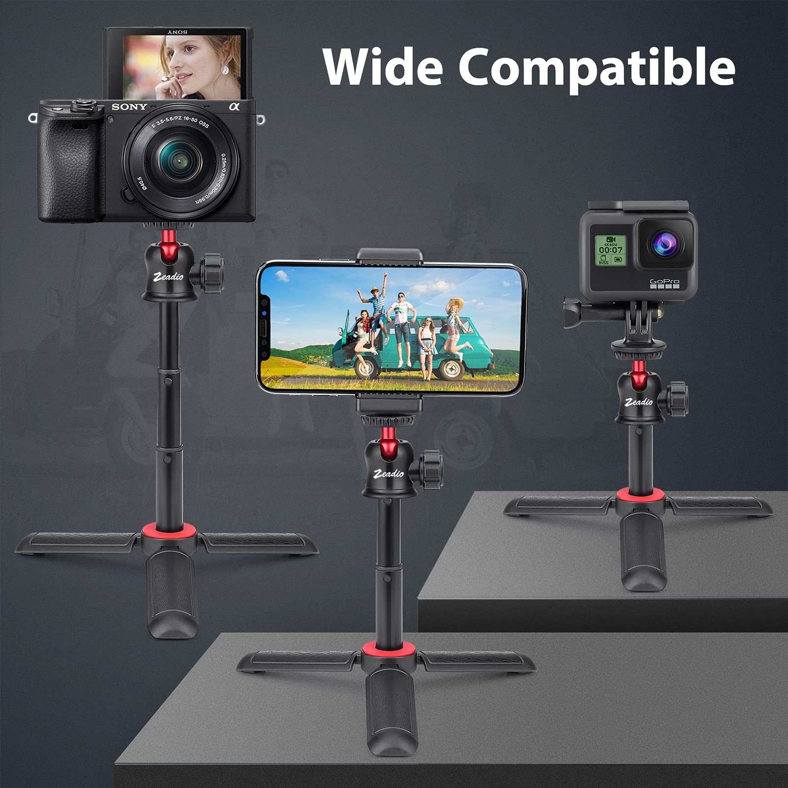 Zeadio Flexible Mini Tripod, 3 Section Adjustable Height Compact Tripod Integrated Metal Ball Head Mount for Action Camera Smartphones with 1/4" Thread Hole