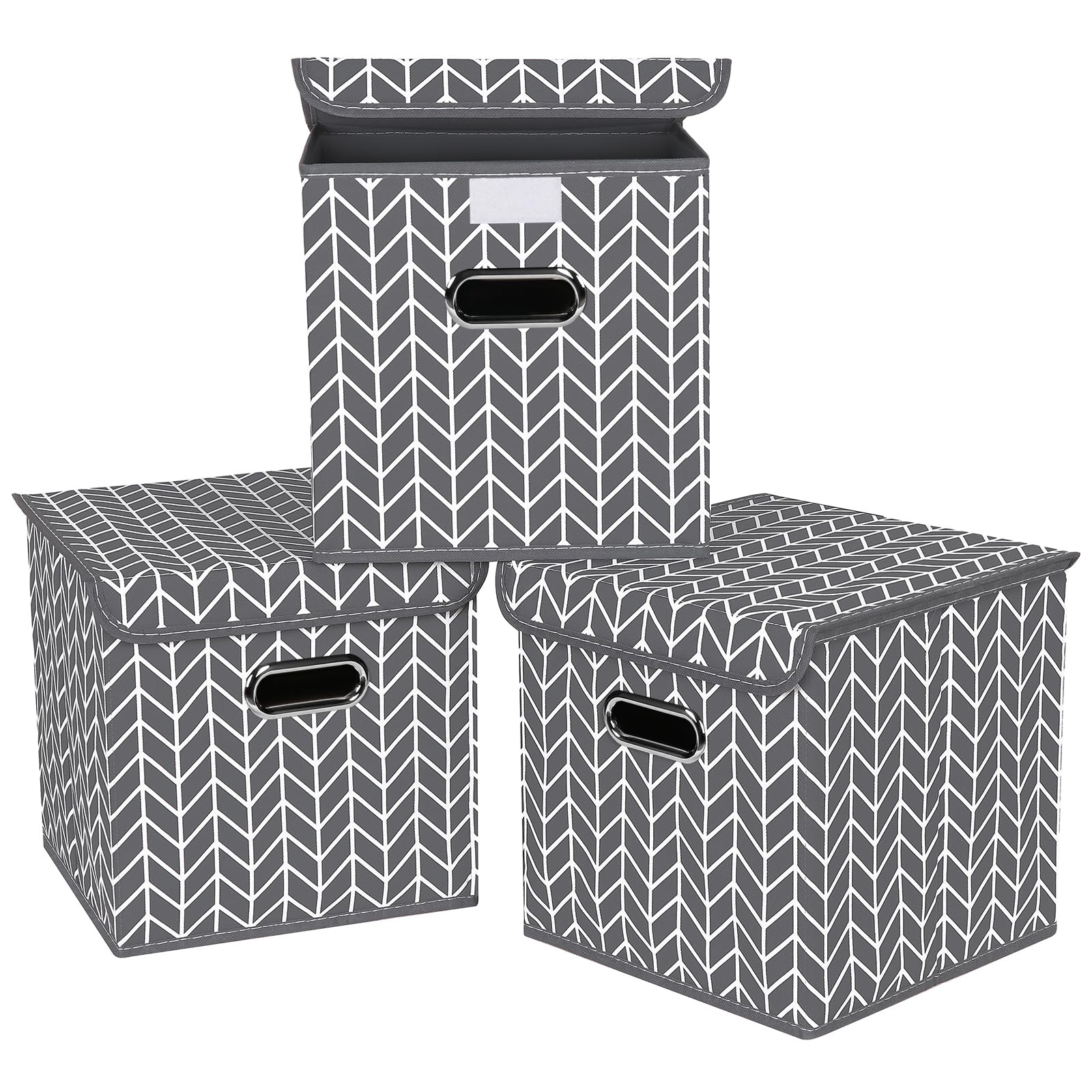 Yunkeeper Collapsible Storage Bins with Lids,Fabric Cube Storage Organizer With Handles,For Clothes Storage,Home, Nursery,Closet Office Basket,3 Pack,（Gray Wave