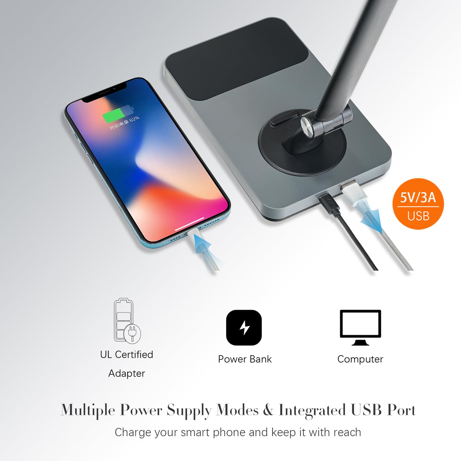 TRONTORE LED Desk Lamp with USB Charging Port,Dimmable Home Office Bright Reading Table Lamp,5 Color Modes 6 Brightness Level, Touch Control,Auto Timer,Memory Function,Eye Caring (Black an Grey)