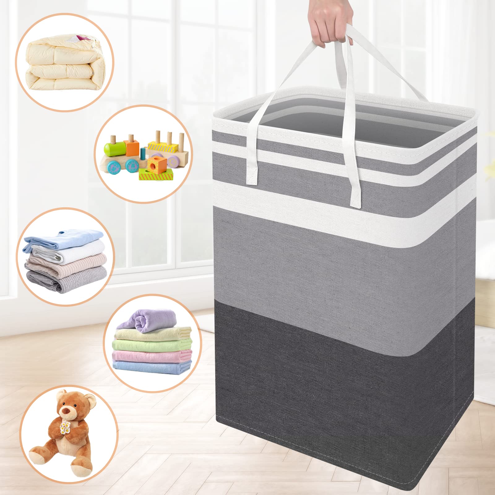 ToteTastic 3-Pack Laundry Basket, Freestanding&Waterproof Laundry Hamper, Collapsible Tall Clothes Hamper with Easy Carry Handles for Clothes, Towels&Toys in the Family and Dorm,Gradient Grey,75L