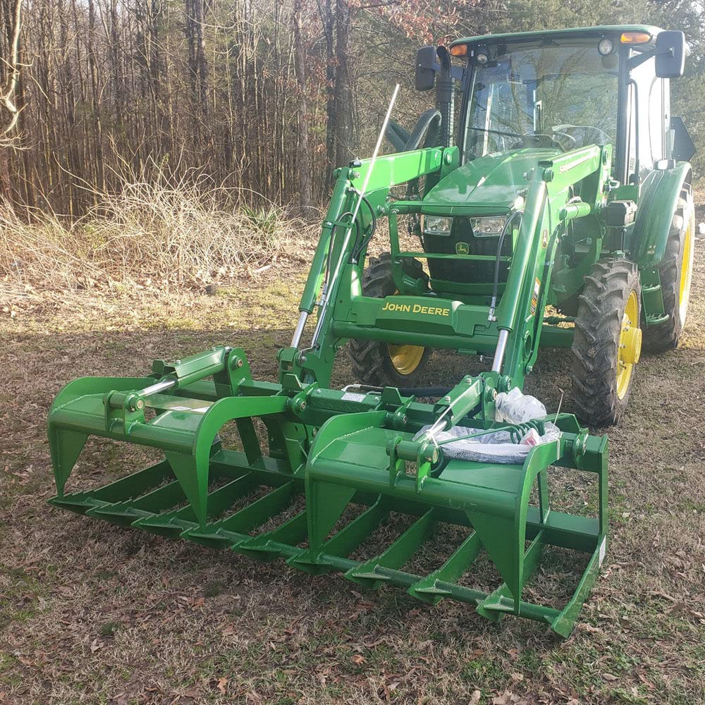 Titan Attachments 84in Global Euro Root Grapple Bucket Attachment Fits John Deere Tractors, Dual 3,000 PSI Hydraulic Cylinder, Green Finish, Serrated Leading Edge Bottom Teeth