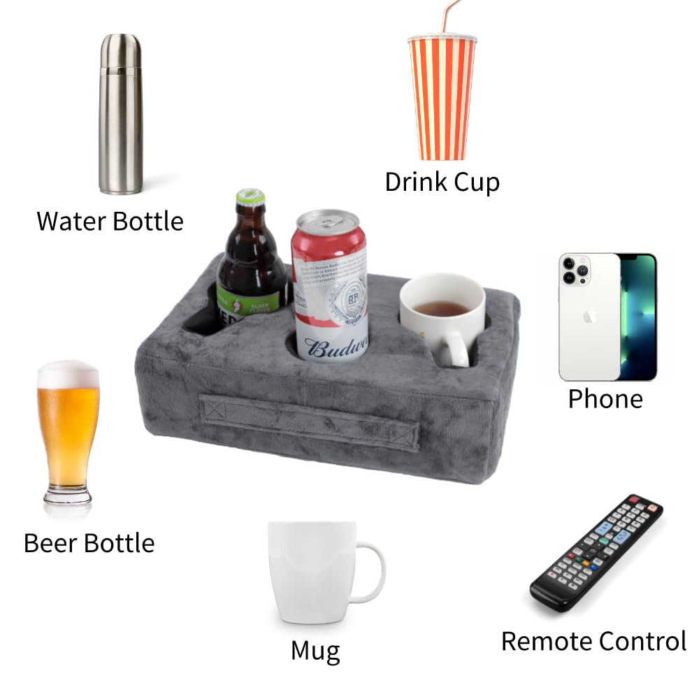 Sofa Cup Holder, Couch Cup Holder Pillow, Sofa Arm Table, Sofa and Bed Drink Caddy, Remotes Holder, for RV, Car, Beach(Grey)