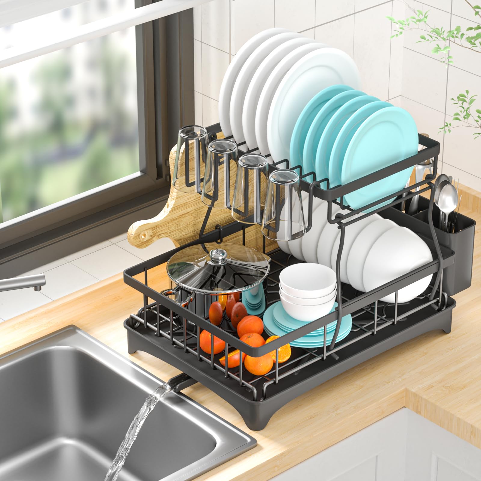 Yeepoo Dish Drying Rack 2 Tier for Kitchen Counter, Large Dish Rack Come with Utensil Holder, Cup Rack, Cutting Board Holder, Rustproof Stainless Steel Dish Drainer with Upgraded Drainboard