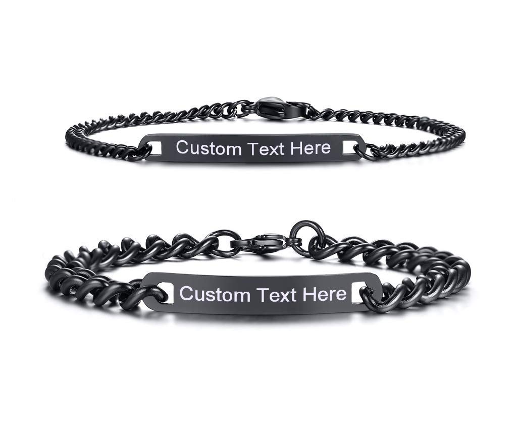 SunnyHouse Jewelry Free CusFree Custom Engraving Stainless Steel Link Bracelet Matching Couples Bracelets Valentine's Gift for Lover (A PAIR)