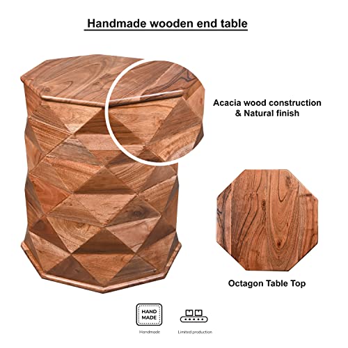 The Urban Port 23-Inch Handcrafted Drum Side Accent Table with a Multifaceted Diamond Cut Design, Natural Brown Acacia Wood