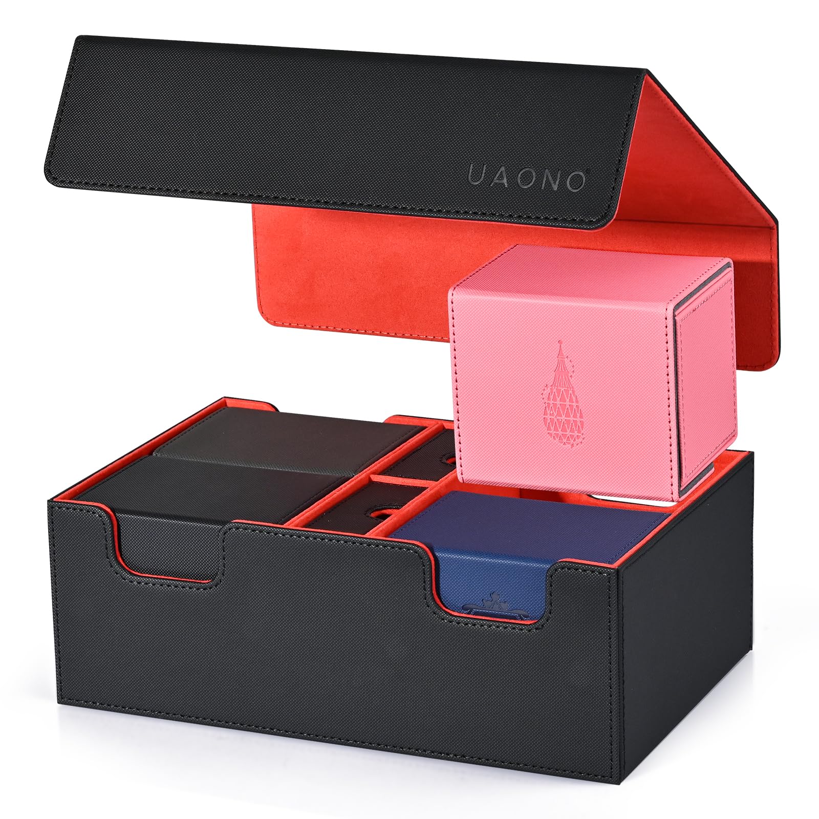 UAONO Card Deck Box with 4 PCS MTG Deck Box for Trading Cards, PU Leather Card Storage Box Holds 900+ Sleeved Cards, Large Card Deck Case Holder for Commander Yugioh PTCG Gaming Cards (Black&Red Set)