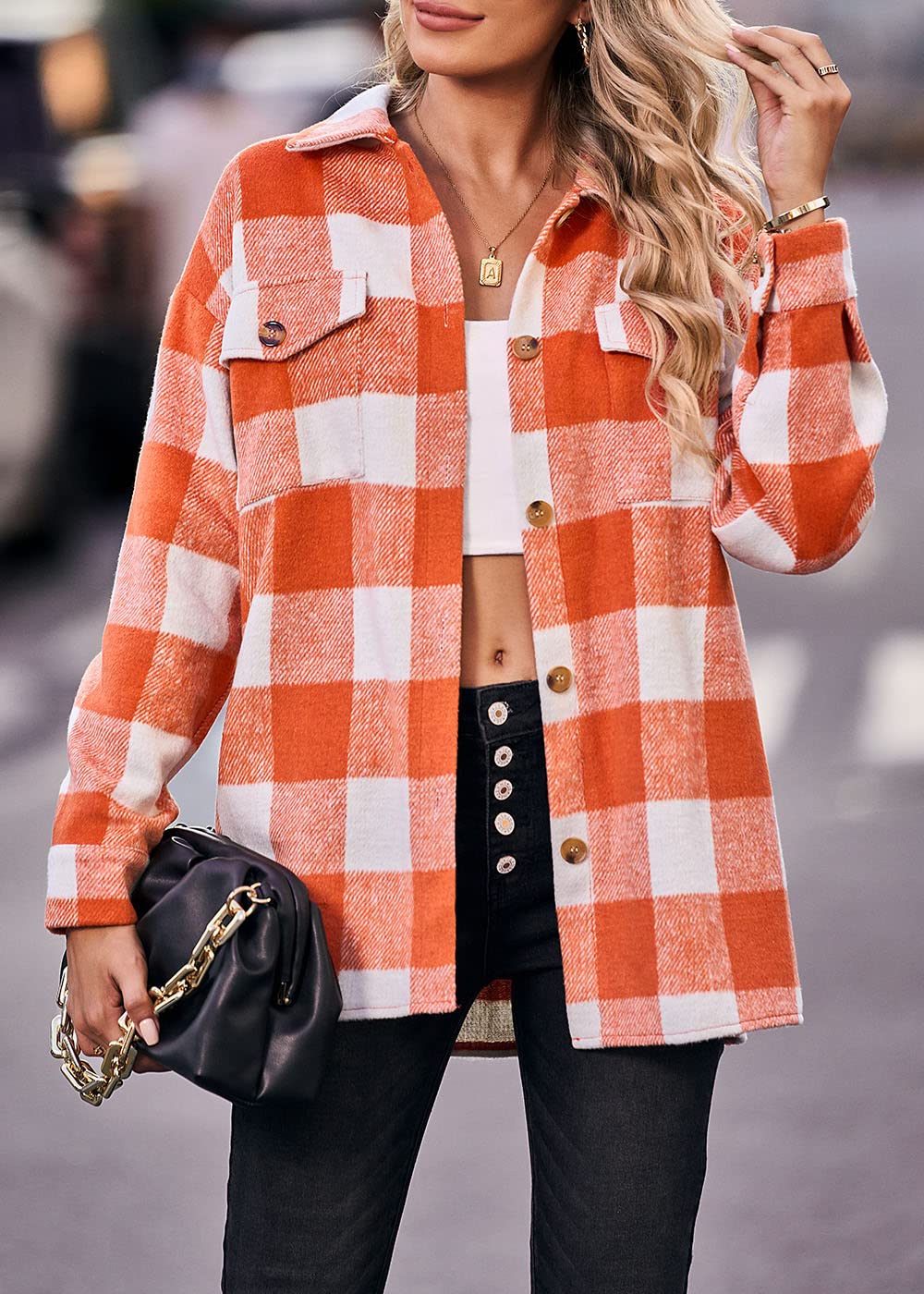 PRETTYGARDEN Women's 2024 Fall Clothes Plaid Shacket Jacket Long Sleeve Button Down Flannel Shirts Fashion Blouse (Plaid Orange White,Large)