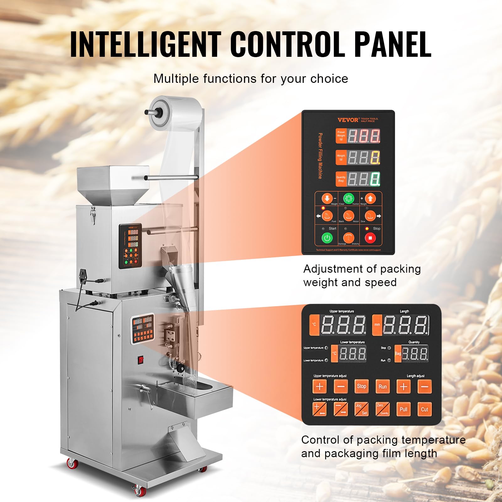 VEVOR Weighing Filling Industries 1-100g, Particle Packaging Machine 10-15 bag/min, Full Automatic Powder Sealing Machine for Filling Tea Seeds Grains Flour Beans Glitter