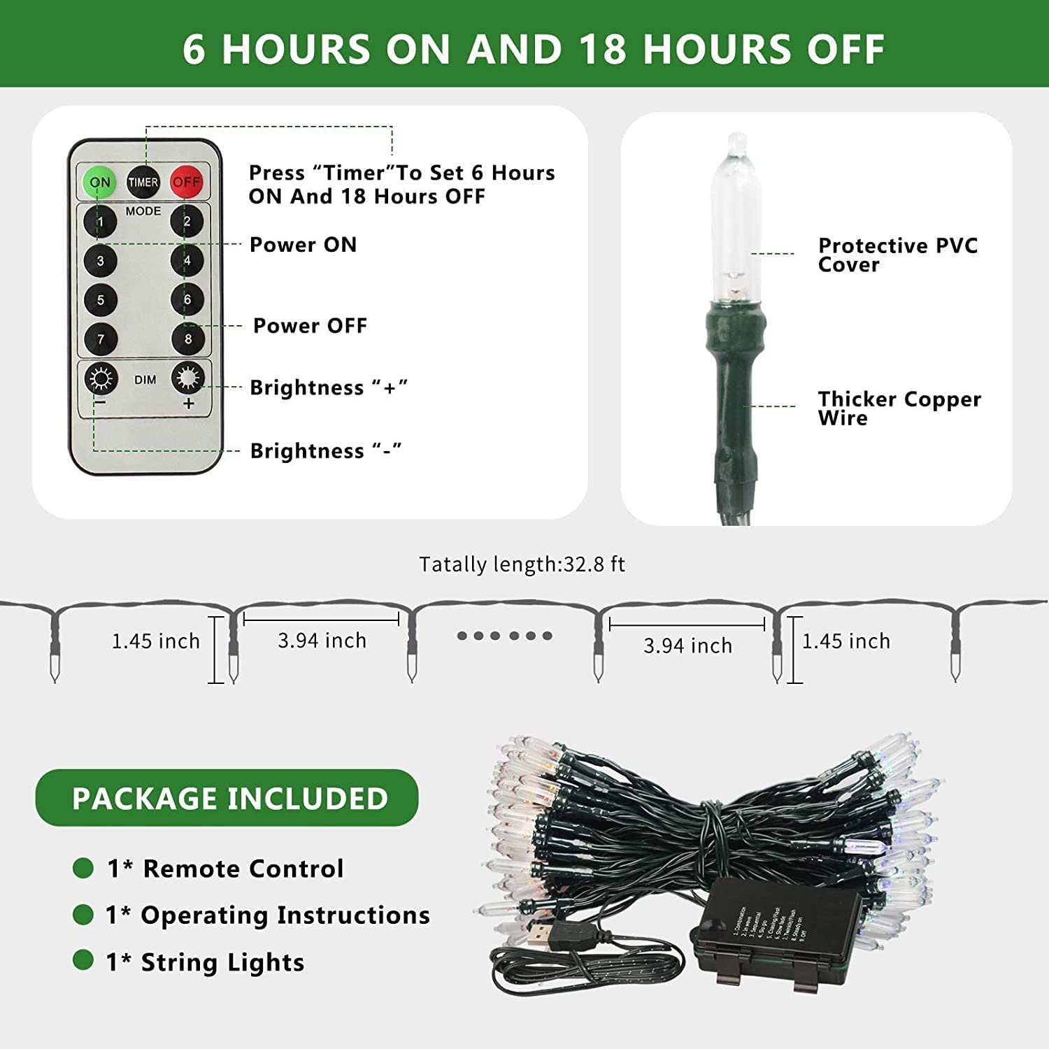 Tcamp Christmas Lights 33ft 100LED Outdoor Indoor Christmas String Lights with Remote Timer, USB or Battery Powered Waterproof 8 Modes Fairy Lights for Christmas Tree Wreath Party Decor (White)