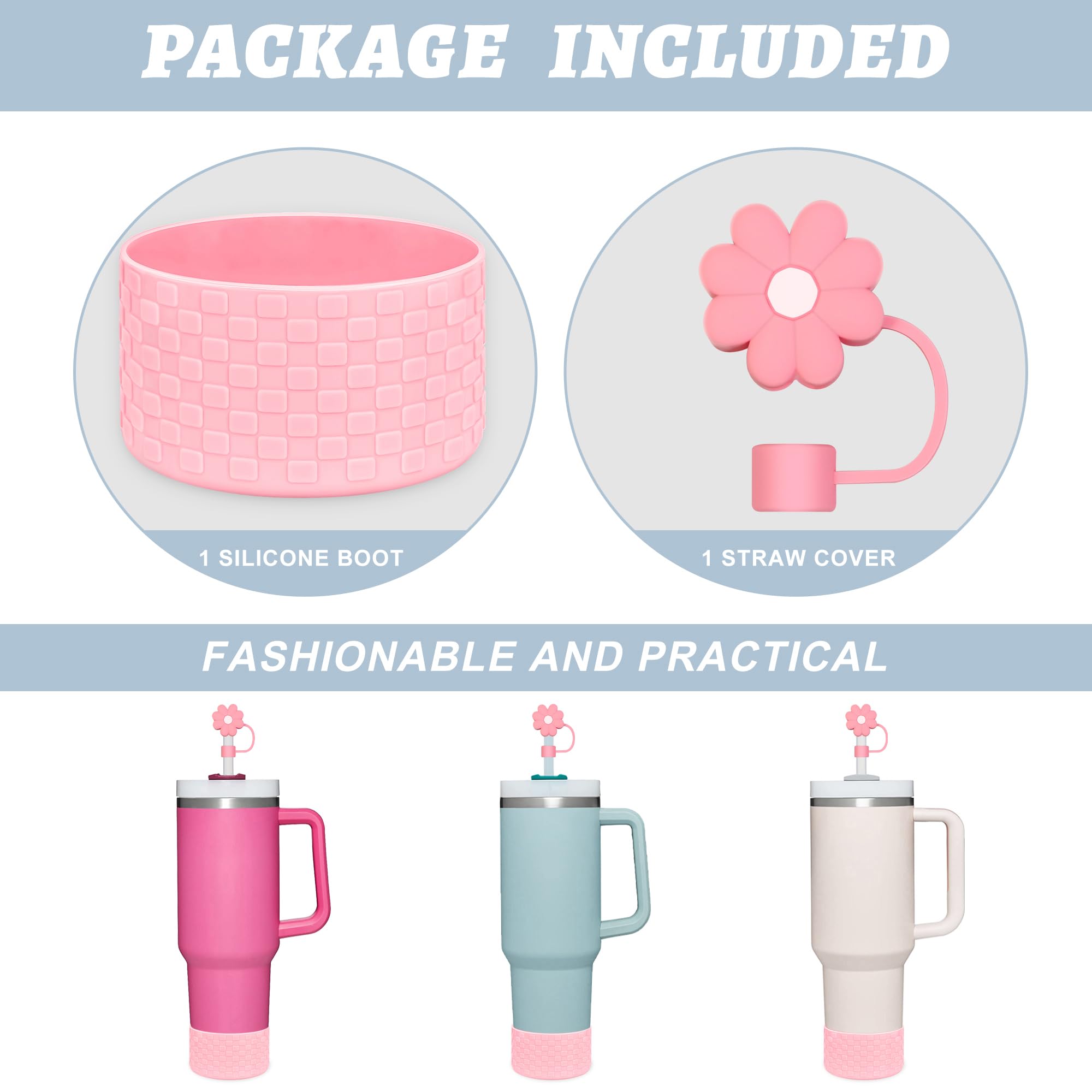 UBEEKOO Tumbler Cup Boot and Straw Covers Cap, Compatible with Stanley Tumbler 30/40oz, Including 1 Protective Silicone Boot and 1 Straw Toppers,Pink White Daisy 10mm