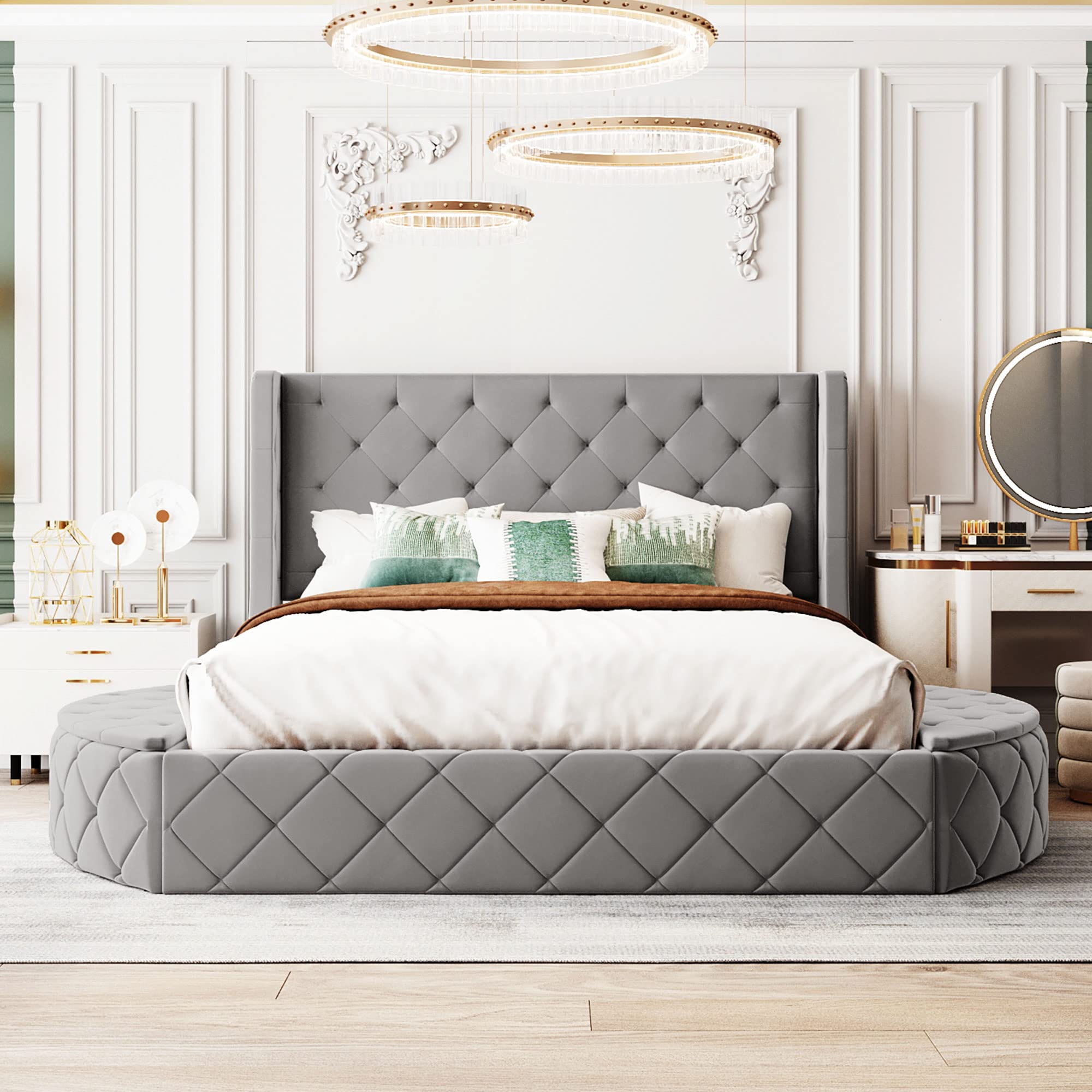 Yehha Full Size Frame w/Twin Trundle & 2 Storage Drawers, Wooden Platform Bed w/Slat Support, No Box Spring Needed, for Kids Teens Adults Bedroom, Gray, Grey
