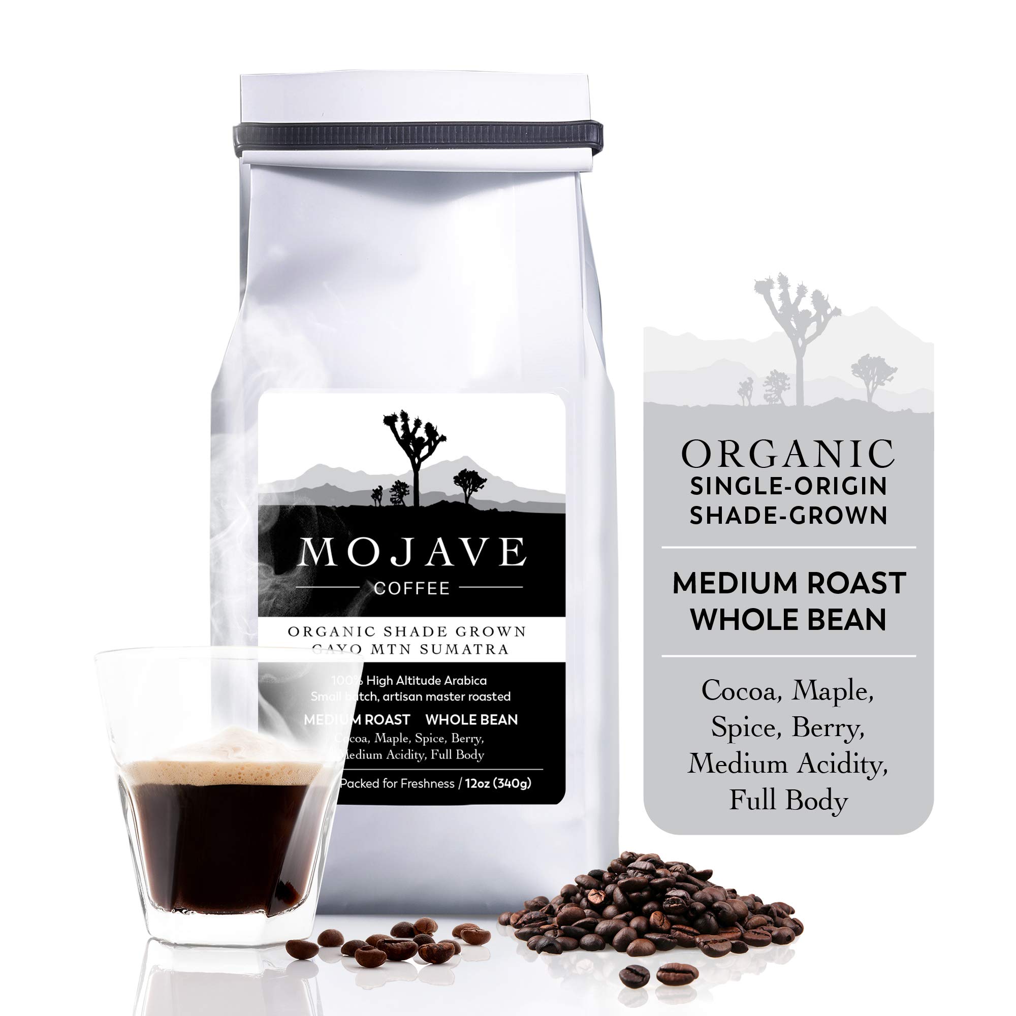 USDA Organic, Single-Origin, Shade-Grown Gayo Mountain Sumatra Coffee, Whole Bean, Medium Roast, from High-Altitude Grown Arabica, Small-Batch, Fresh Roasted 12oz Coffee Bag - Mojave Coffee