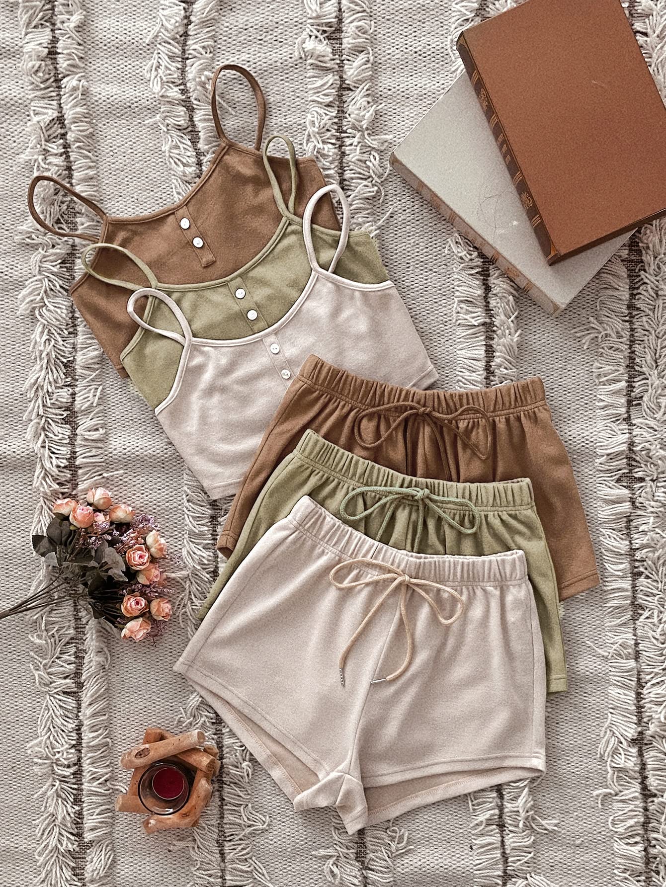 Verdusa Women's 6 Pieces Outfits Lounge Set Sleepwear Button Front Cami Top & Shorts Brown Green Apricot M