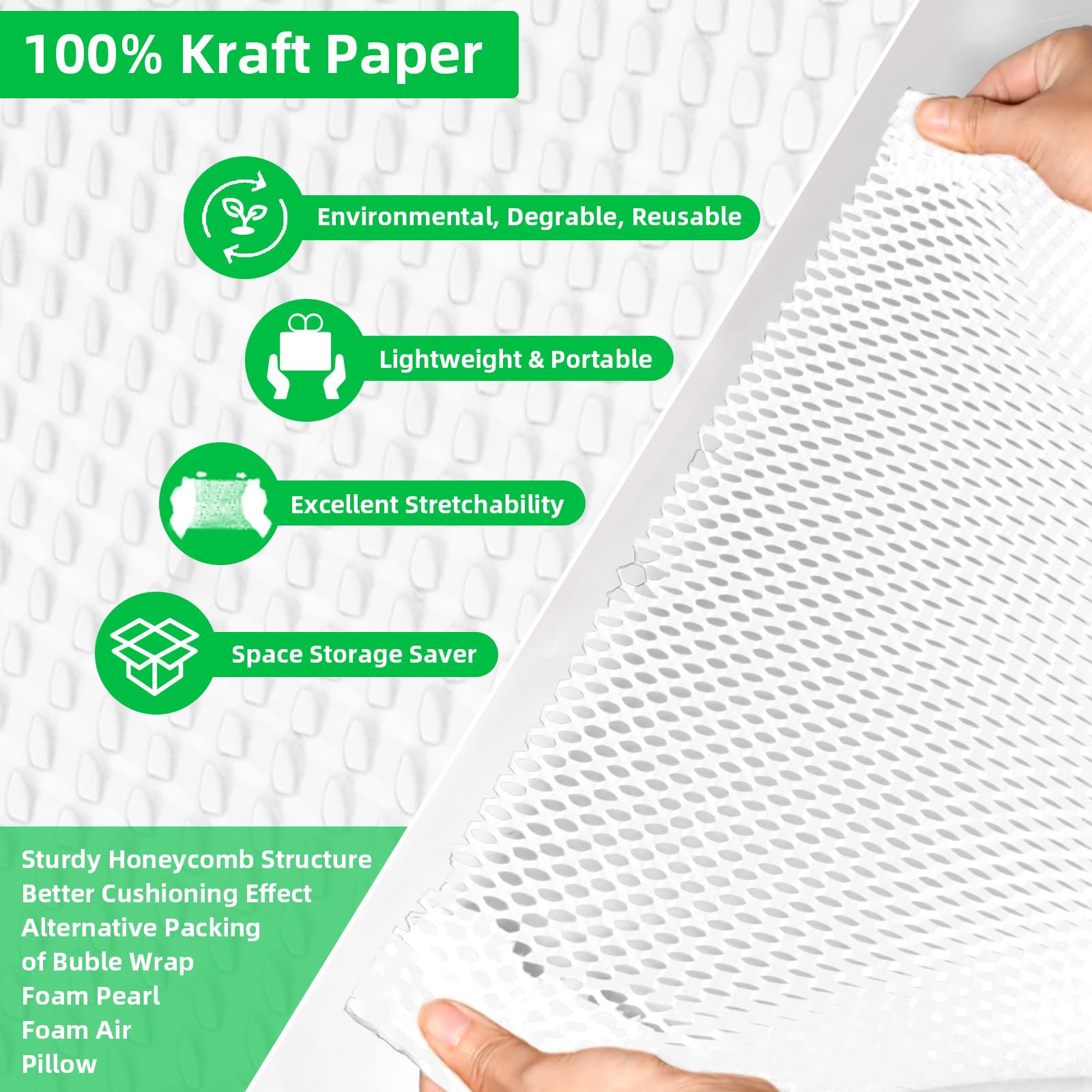Ubistar Honeycomb Packing Paper, 15" x 100ft Recyclable Cushion Packing Paper for Moving Shipping Packaging Breakables, Eco Friendly Bubble Wrap Alternative Roll Kraft Paper Packing(15inch White)