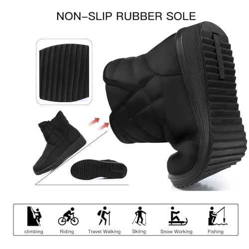 TEMOFON Waterproof Snow Boots for Women: Winter Slip On Booties Black Size 8 with Warm Furry Lined Short Boot Comfy Outdoor Ankle Boot