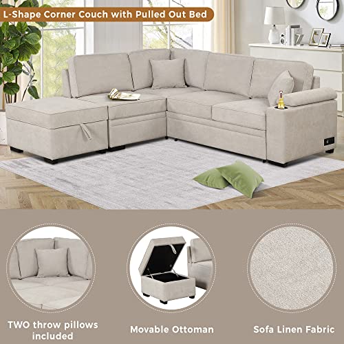 Verfur 87.4" Reversible Sleeper Sofa Bed, 2 in 1 Convertible Pull Out Sofabed with Cupholder, L Shaped Corner Couch with Storage Ottoman for Living Room,Bedroom and Small Apartment