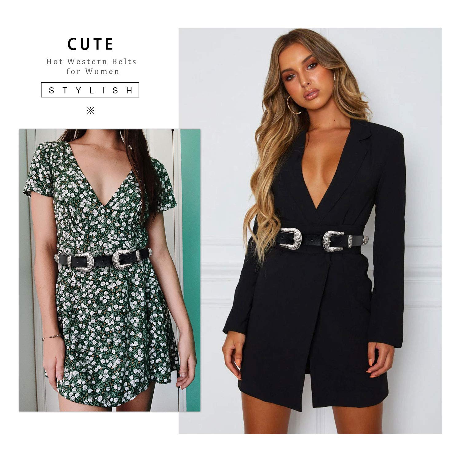 SUOSDEY Western Belts for Women Black Leather Belts for Jeans Dresses with Retro Double Buckle