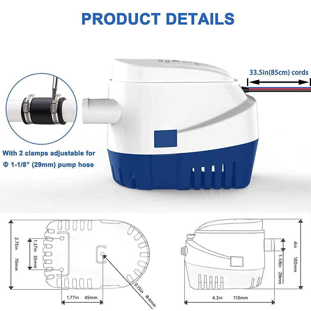 UYGALAXY Boat Bilge Pump with Float Switch 1100GPH 12V 12ft Head Automatic Submersible Water Pump with Hose Clamps