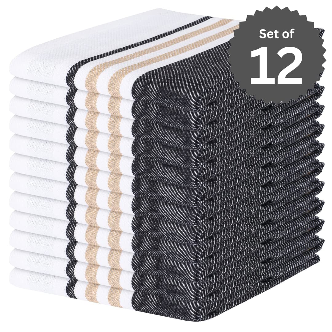 Urbana Cotton Set of 12 Assorted Waffle Kitchen Towels 100% Cotton Super Soft Absorbent Reusable Cleaning Cloths Machine Washable Weave Tea Towel with Hanging Loop (Black, 16 X 26 Inches)