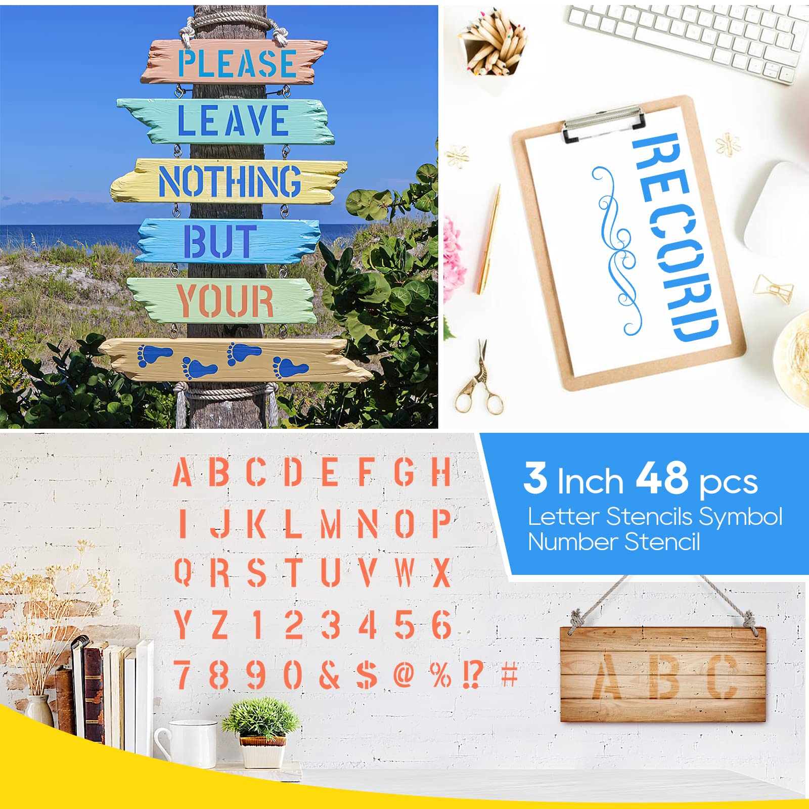 UCEC 3 Inch Letter Stencils Symbol Number Stencil, 42PCS Reusable Alphabet Letter Stencils Interlocking Stencil Kit, Plastic Art Craft Stencils Letters, Number Stencil Kit for Christmas Decorations