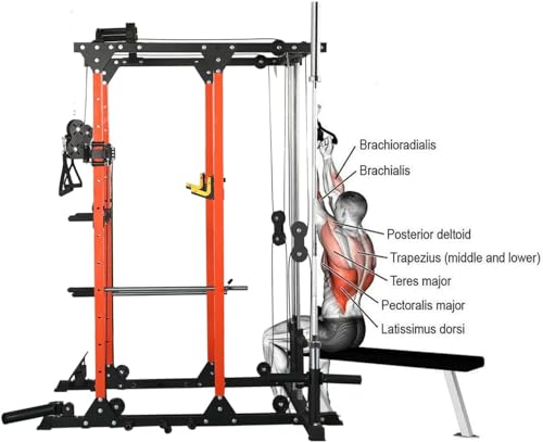 Versatile Power Cage with LAT Pulldown, Weight Storage, and Optional Bench Sturdy 1200 lb Capacity Power Rack for Home and Garage Gyms Multiple Accessory Squat Racks for Full Body Workouts