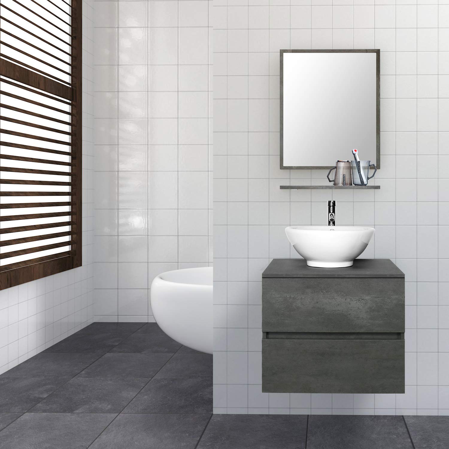 U-Eway 24 Wall Mounted Bathroom Vanity and Sink Combo,Concrete Grey Color Vanity Set with 2 Drawers,White Ceramic(Round) Vessel Sink Top,W/Polish Faucet,Pop Up Drain,Mirror Inc