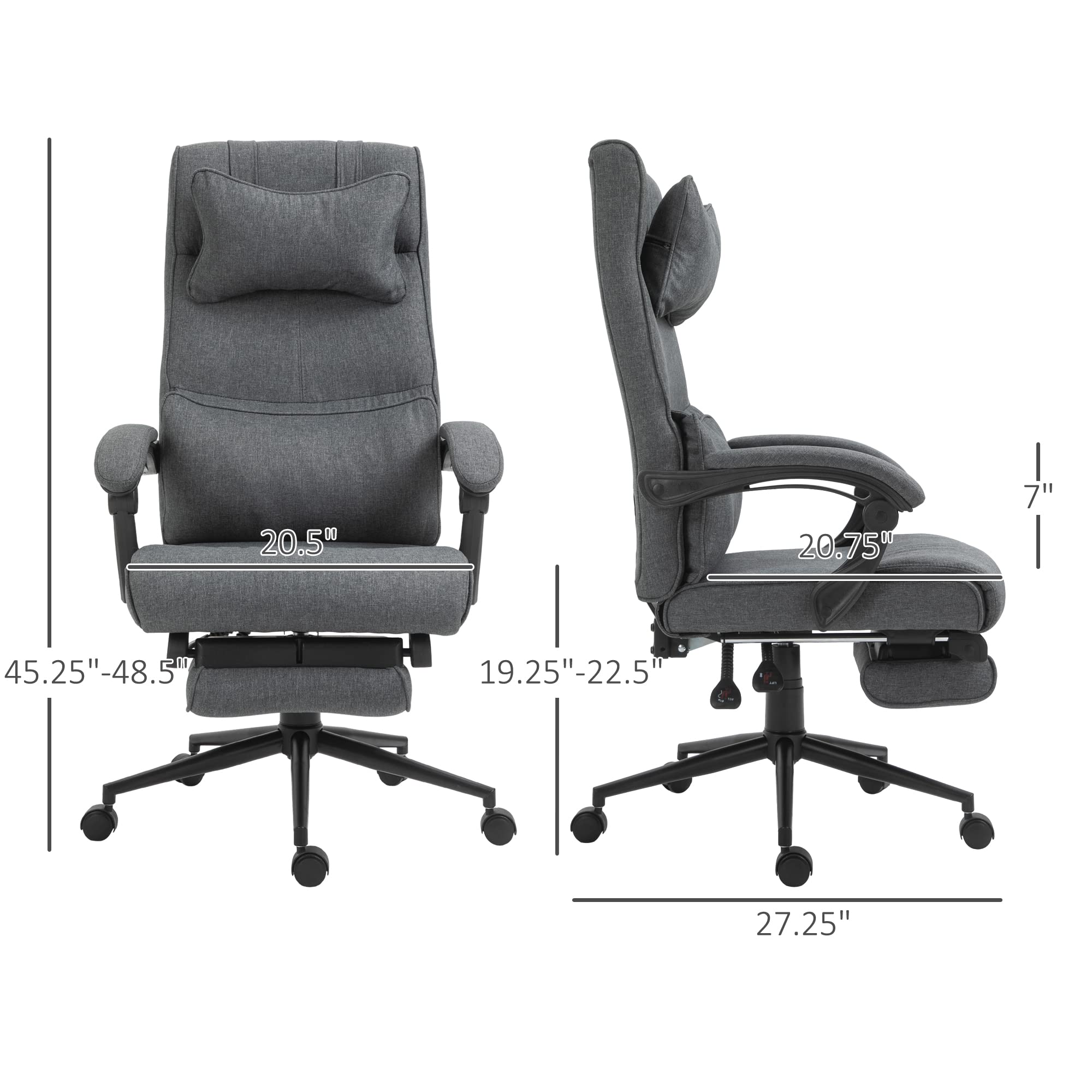 Vinsetto High Back Executive Office Chair, Reclining Computer Desk Chair with Footrest, Height Adjustable Fabric Office Chair with Headrest and Lumbar Support, Gray