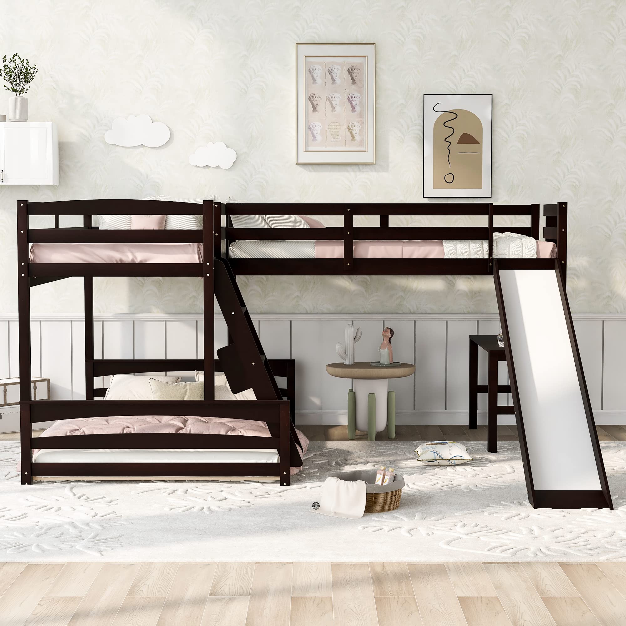 Tidyard Twin Over Full Bunk Bed with Twin Size Loft Bed with Desk and Slide,Full-Length Guardrail, Espresso Platform Bed Frame, Easy Assembly for Dorm, Bedroom