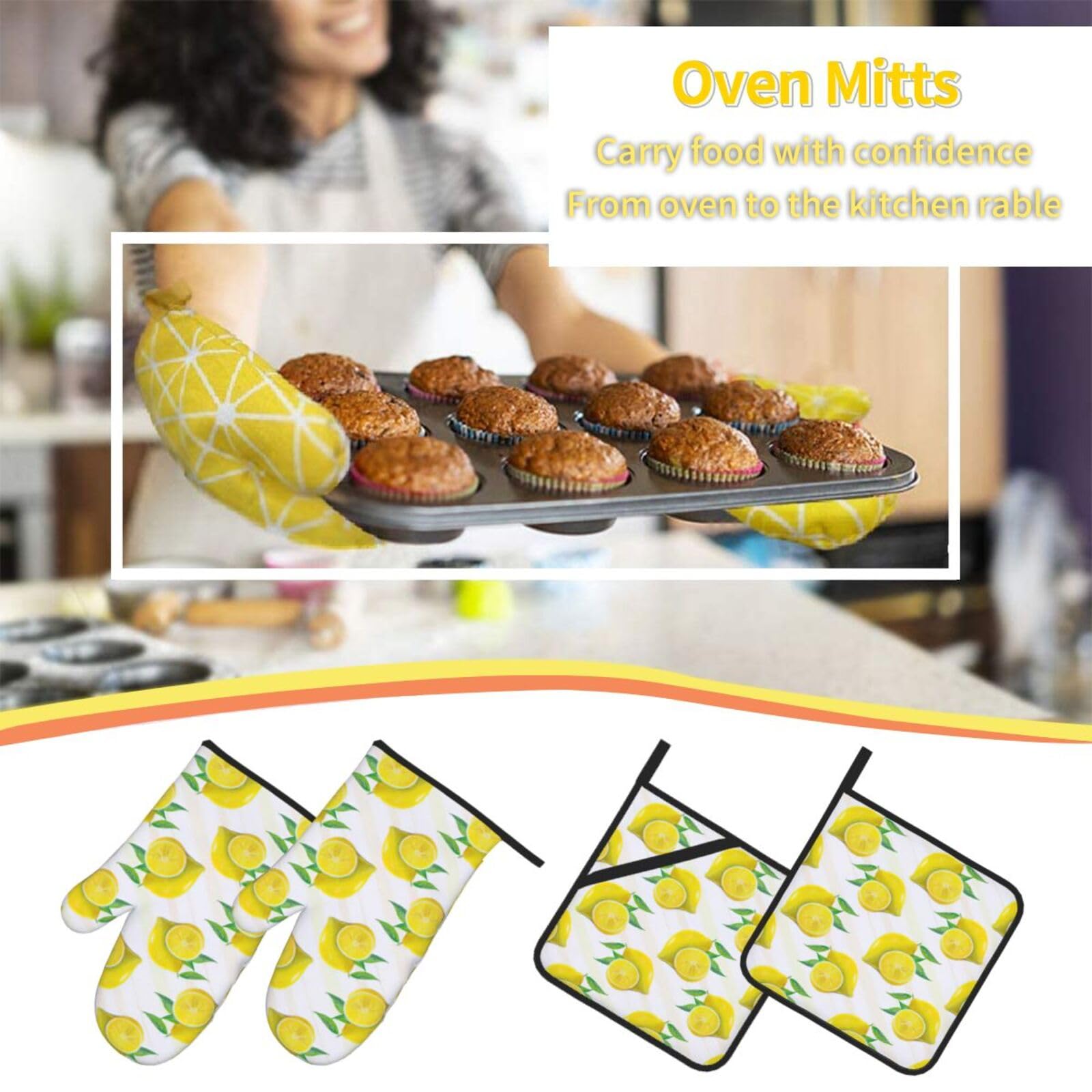 Yellow Lemon Kitchen Baking 4-Piece Set–Heat Resistant Oven Mitts and Pot Holders Kitchen Hot Pads