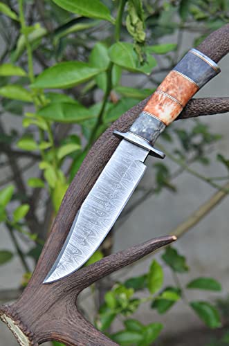UK UNIQUE SHARP KNIVES BK-3002 Handmade Damascus Steel 12.50 Inches Hunting Knife - Exotic Coloured Bone Handle