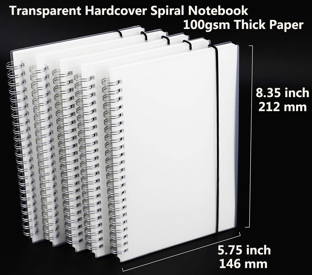 Zegrox 5 Pack Transparent Hardcover Dot Grid Notebook/Bullet journaling,Writing Diary Subject Notebooks,80 Sheets (160Pages)-8.35x 5.75inch,A5 Size.