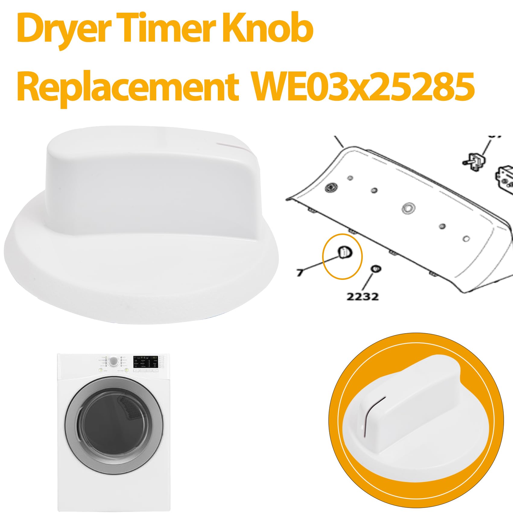 Upgraded WE03X25285 Dryer Timer Knob Dryer Main Control Knob Replacement Compatible with GE Hotpoint GTX22EASK0WW GTX22GASK0WW HTX21EASK0WW, AP6032623, PS11763058 Dryer Main Knob Assembly, White