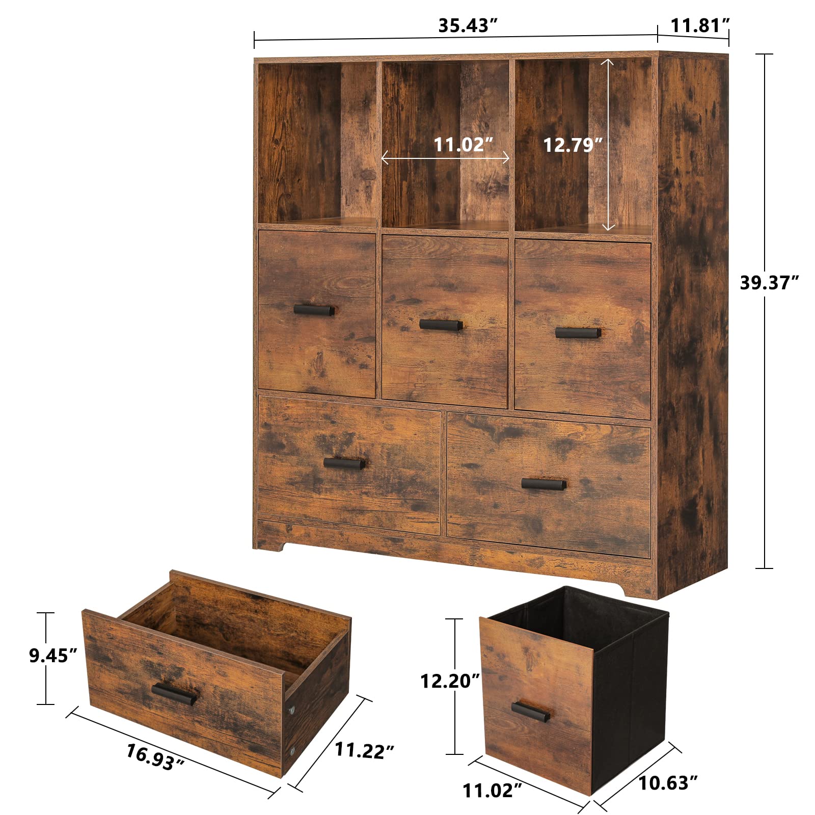 usikey Large Storage Cabinet with 5 Drawers, Wooden of Floor Cabinet with 6 Compartments, Living Room, Entryway, Rustic Brown