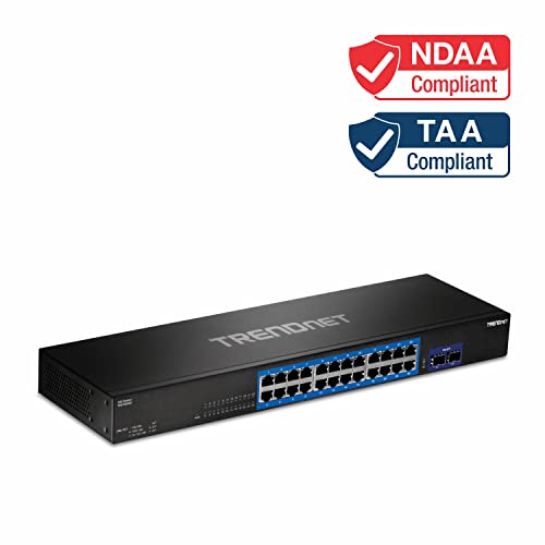 TRENDnet 24-Port Gigabit Switch with 2 X 10G SFP+ Slots, Fanless Design, 19β 1U Rack mountable, TEG-30262,Black